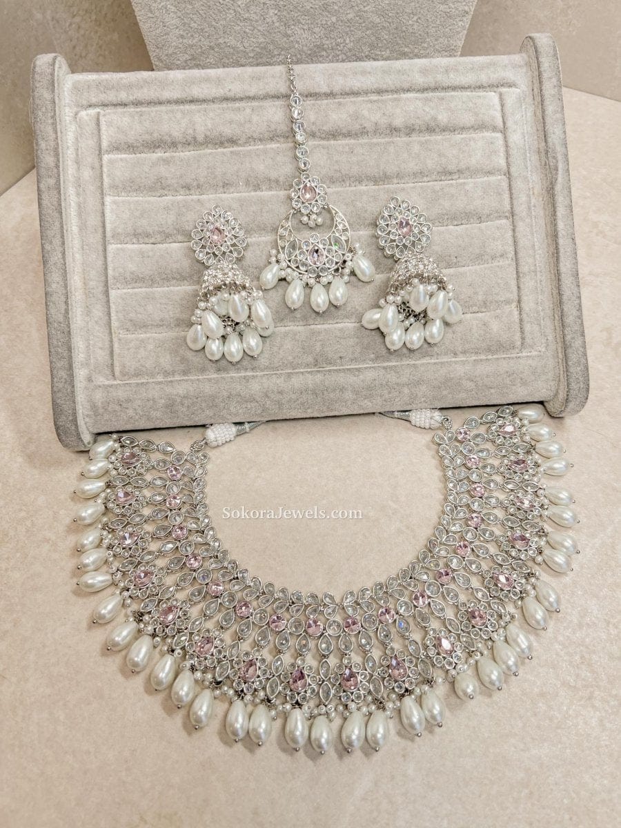 Lucie Silver Necklace set - Pink – SOKORA JEWELS