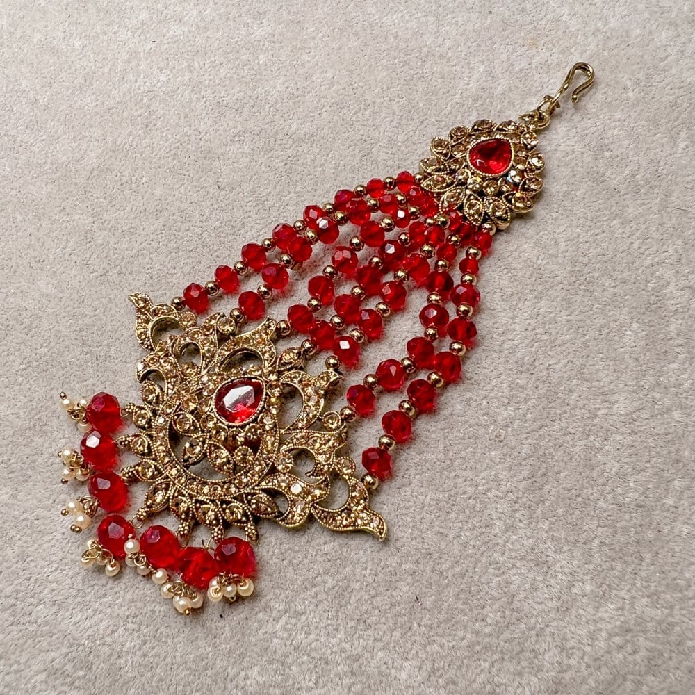 Bilqees Antique Gold Jhumar - Red – SOKORA JEWELS