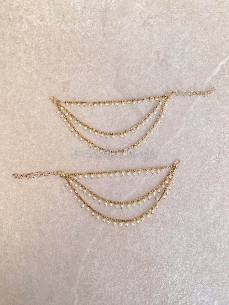 3 Line Pearl and Antique Gold Earring Chains – SOKORA JEWELS
