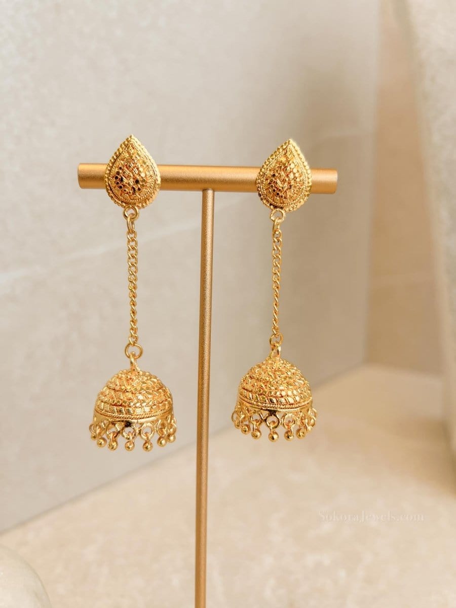 Dangling Bright Gold Jhumka Earrings – SOKORA JEWELS