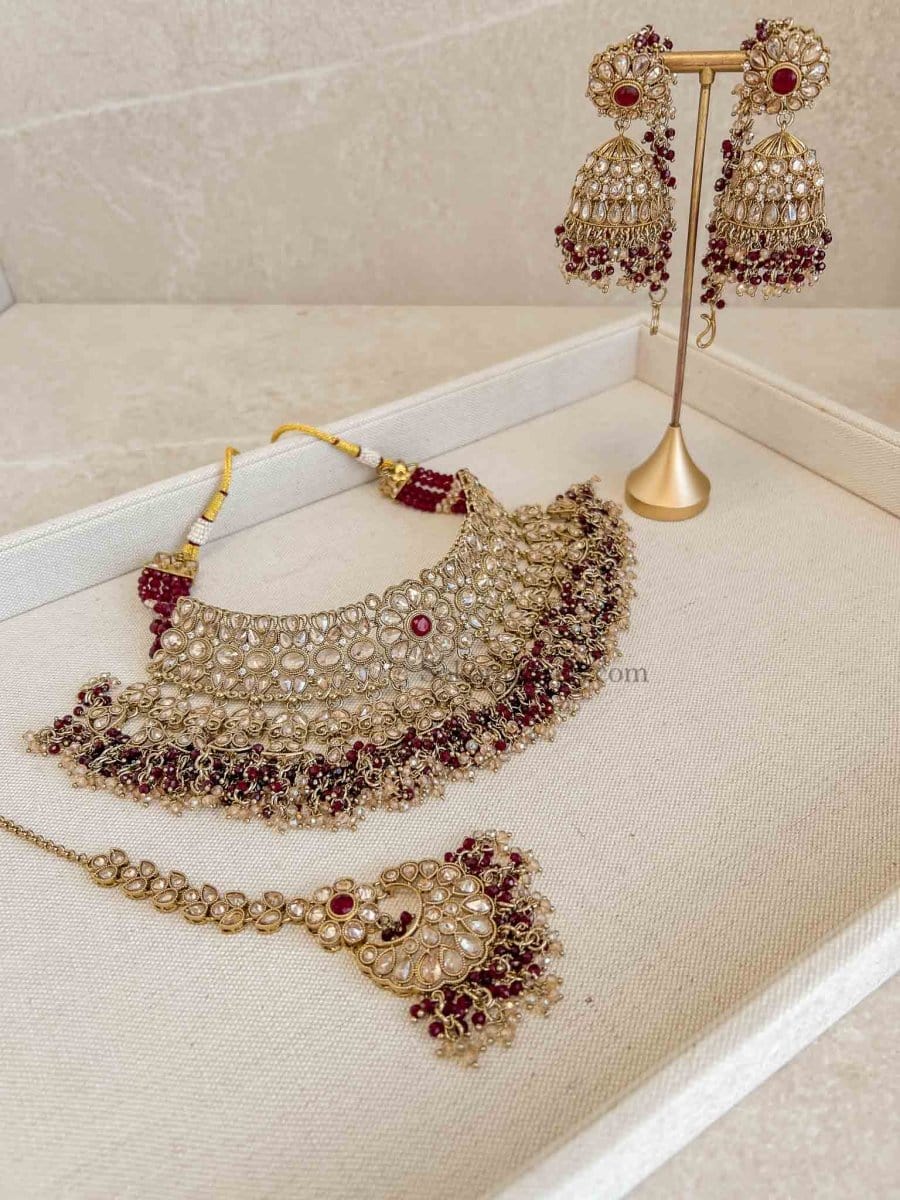 Fiza Bridal Necklace Set - Maroon – SOKORA JEWELS
