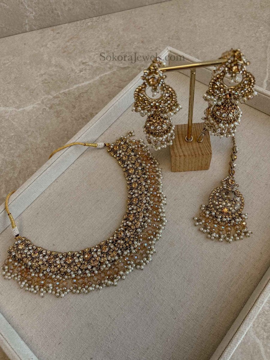 Kully Champagne Bead Necklace Set - Golden – SOKORA JEWELS