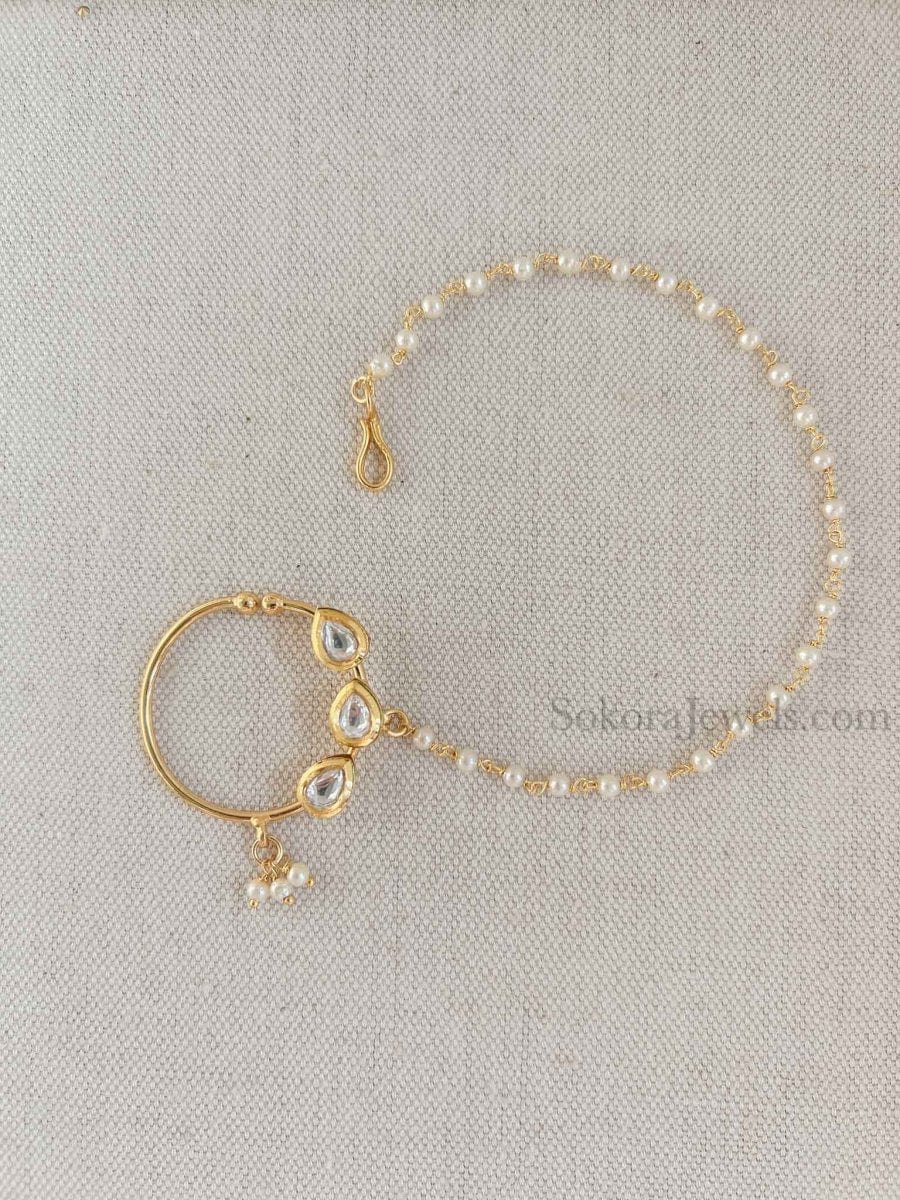 Medium Bright Gold and Kundan Nose Ring - Slide type – SOKORA JEWELS