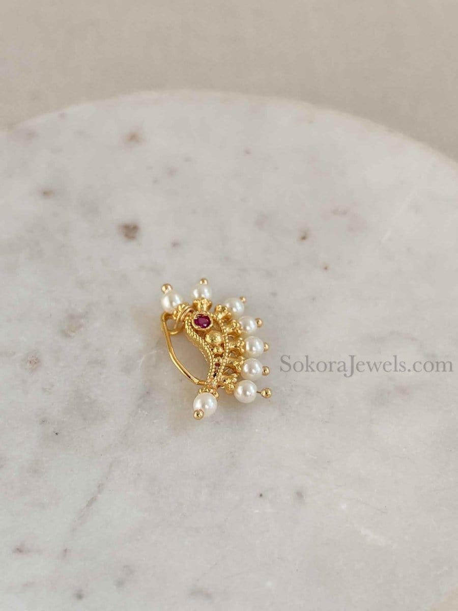 Medium Bright Gold Pearl & Ruby Detail Nose Pin - Slide type – SOKORA ...