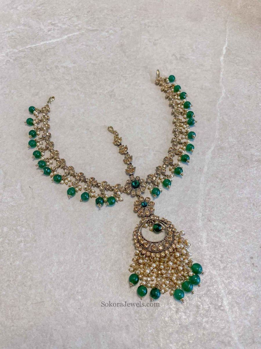 Pearly Antique Gold Mathapatti - Green – SOKORA JEWELS