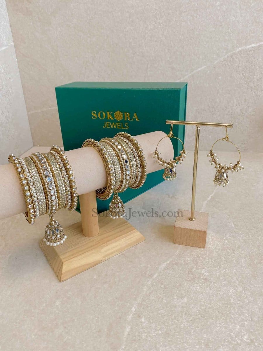 Ramneek Mirror Jhumka Bangles & Earrings Box Set - Clear Gold – SOKORA ...