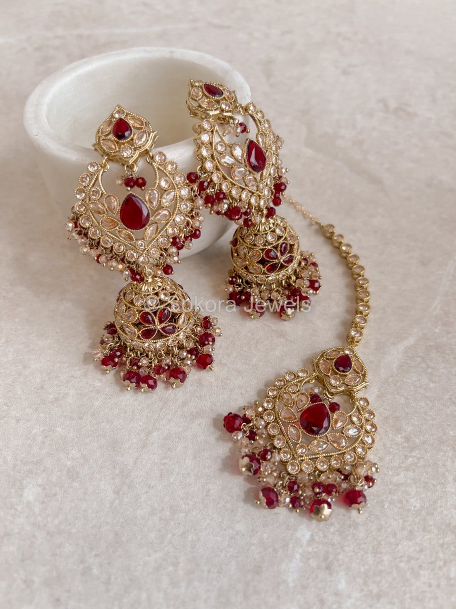 Sukhi Long Jhumka & Tikka Set - Maroon – SOKORA JEWELS