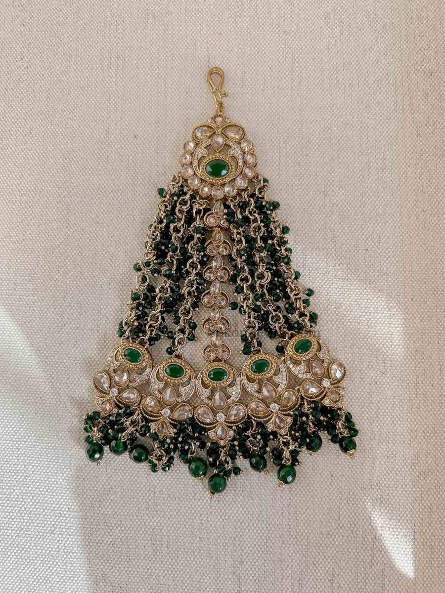 Tamara Antique Gold Jhumar - Green – SOKORA JEWELS