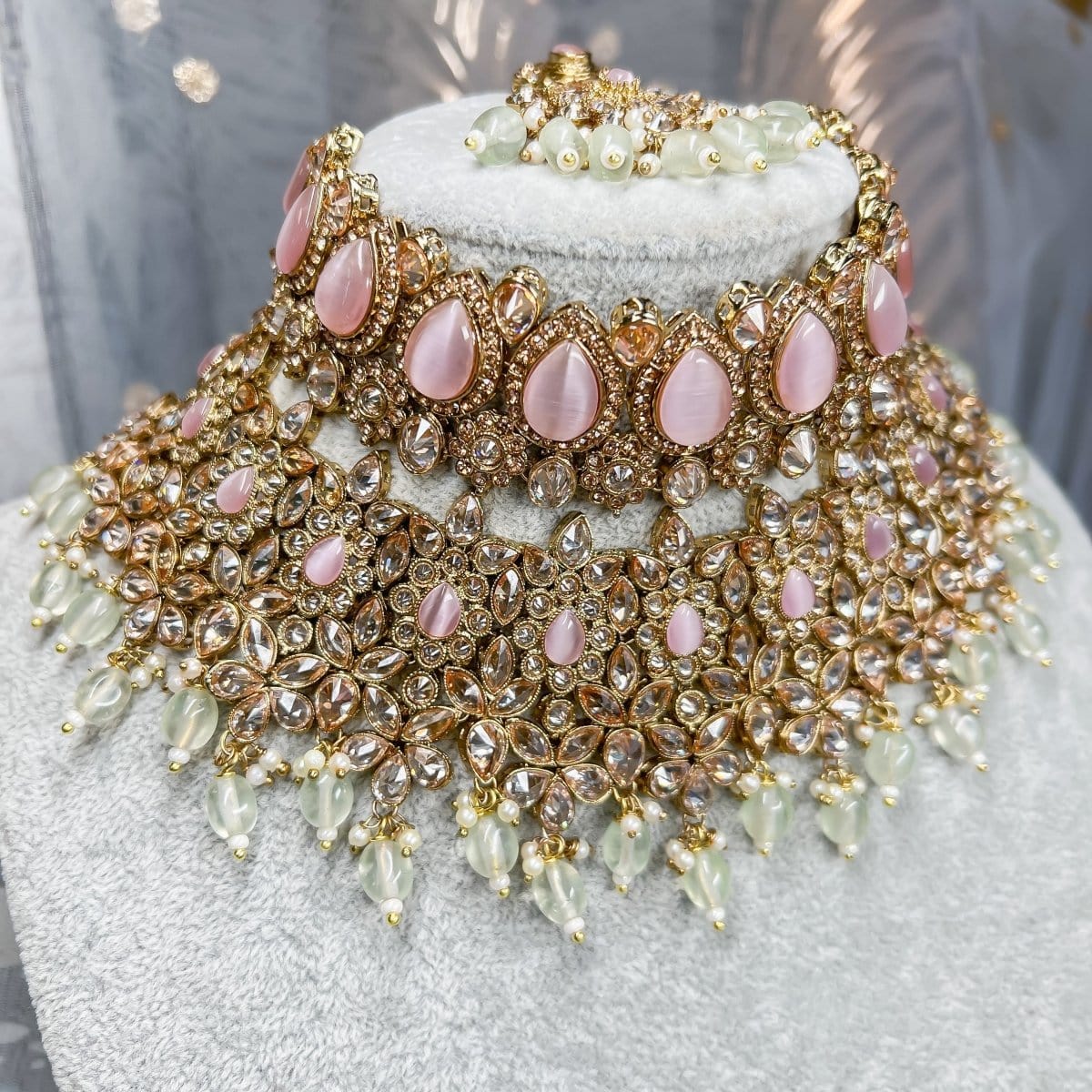 Aafiya Bridal Double necklace set - Pink/Mint – SOKORA JEWELS
