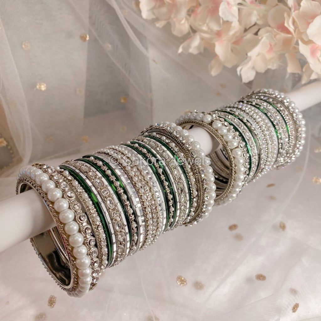 Chunky Pearl Bangle Set - Silver & Green – SOKORA JEWELS