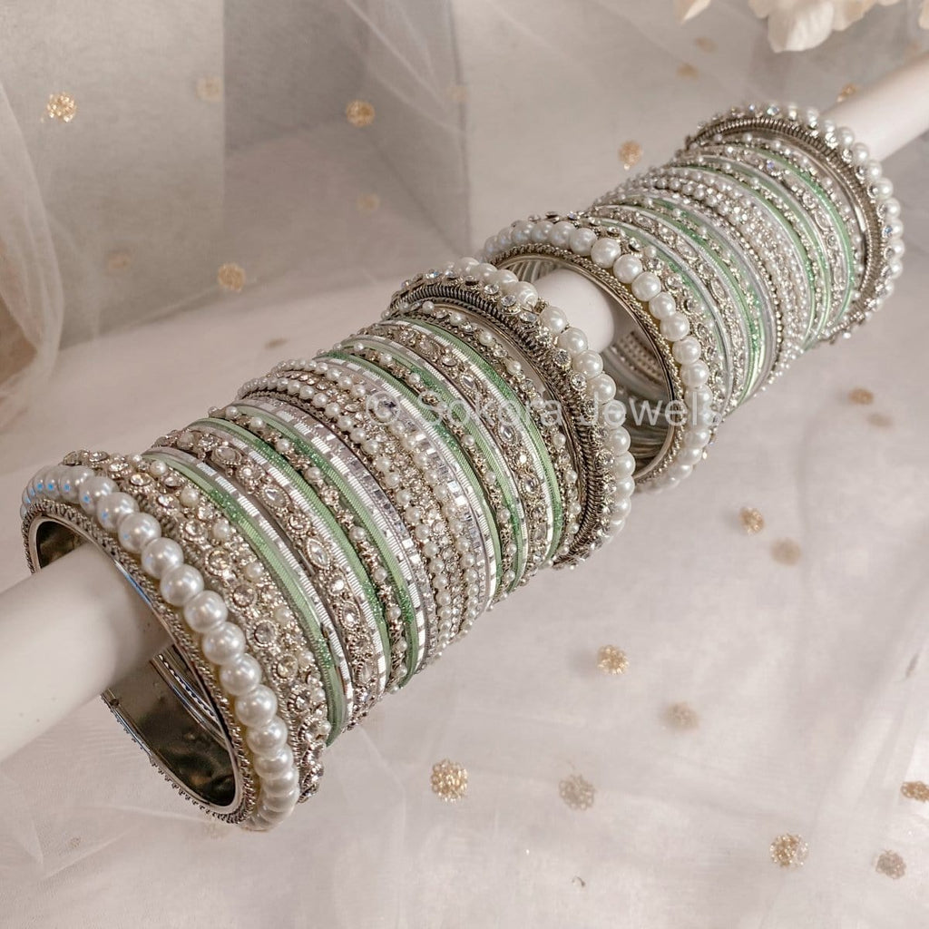 Chunky Pearl Bangle Set - Silver & Mint – SOKORA JEWELS
