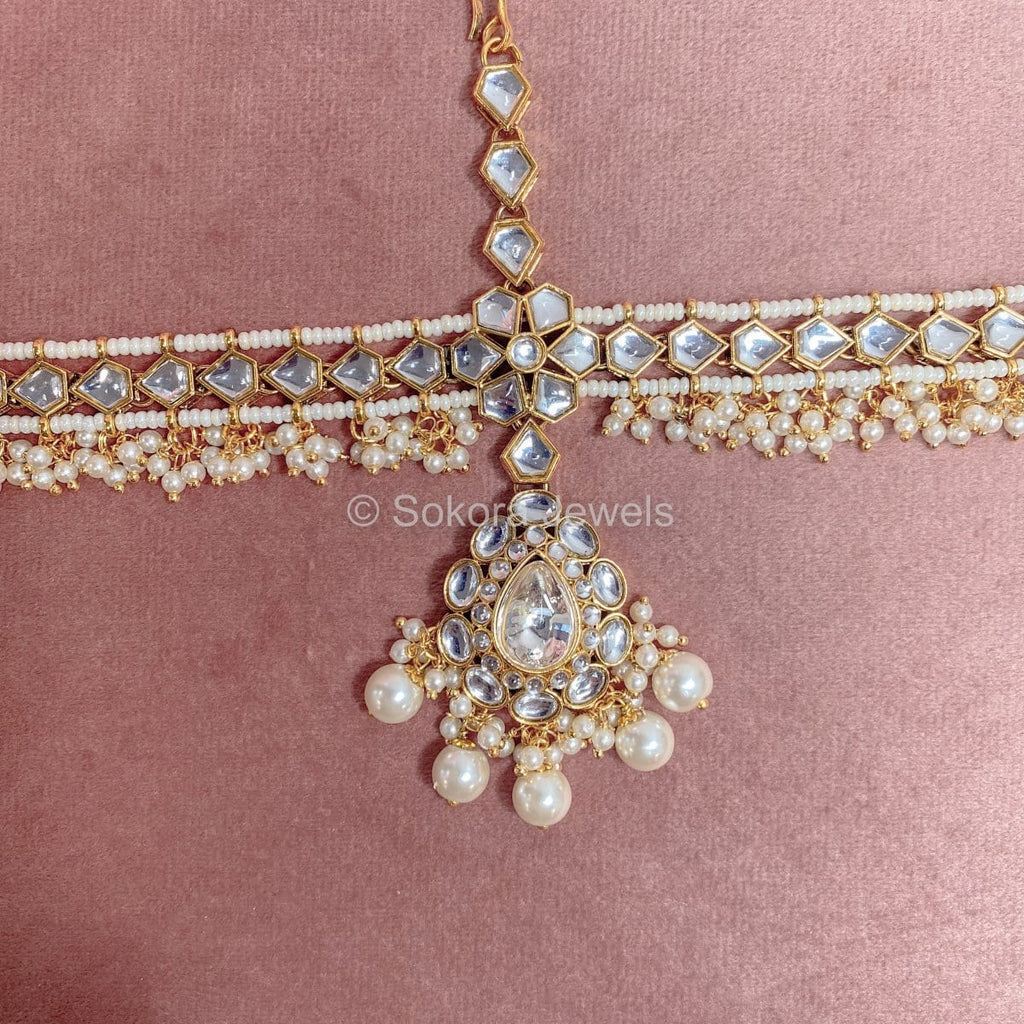 Kundan Drop Mathapatti - Pearl – SOKORA JEWELS