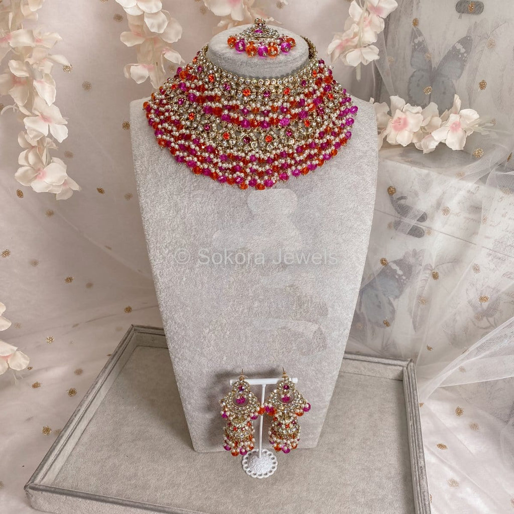 Maniba Double Bridal Necklace Set - Pink/Orange – SOKORA JEWELS