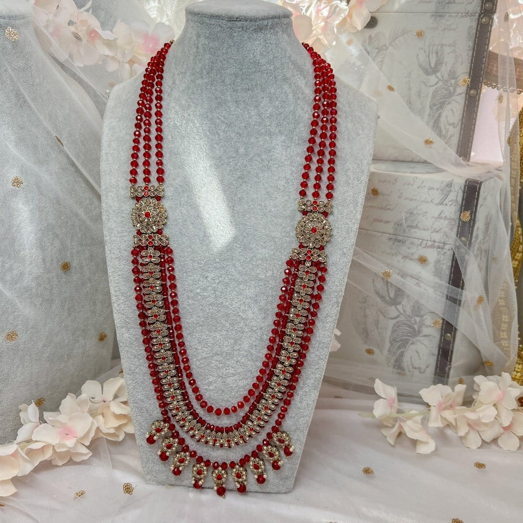 Sarah Antique Gold Long Mala - Red – SOKORA JEWELS