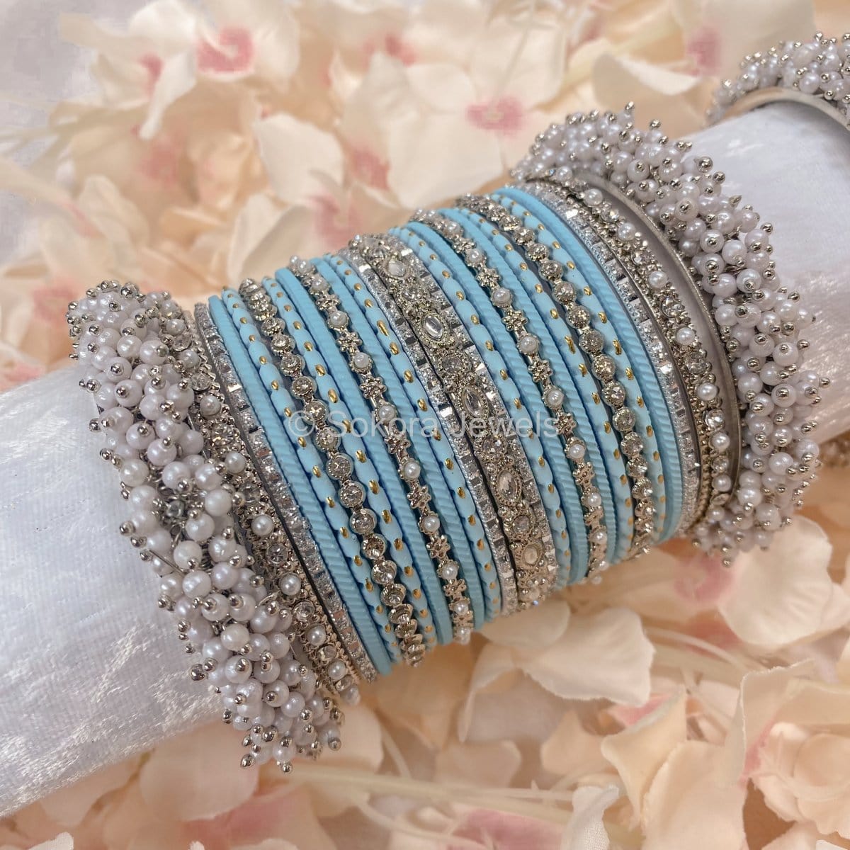 Thanjina Silver and Light Blue Bangle stack – SOKORA JEWELS