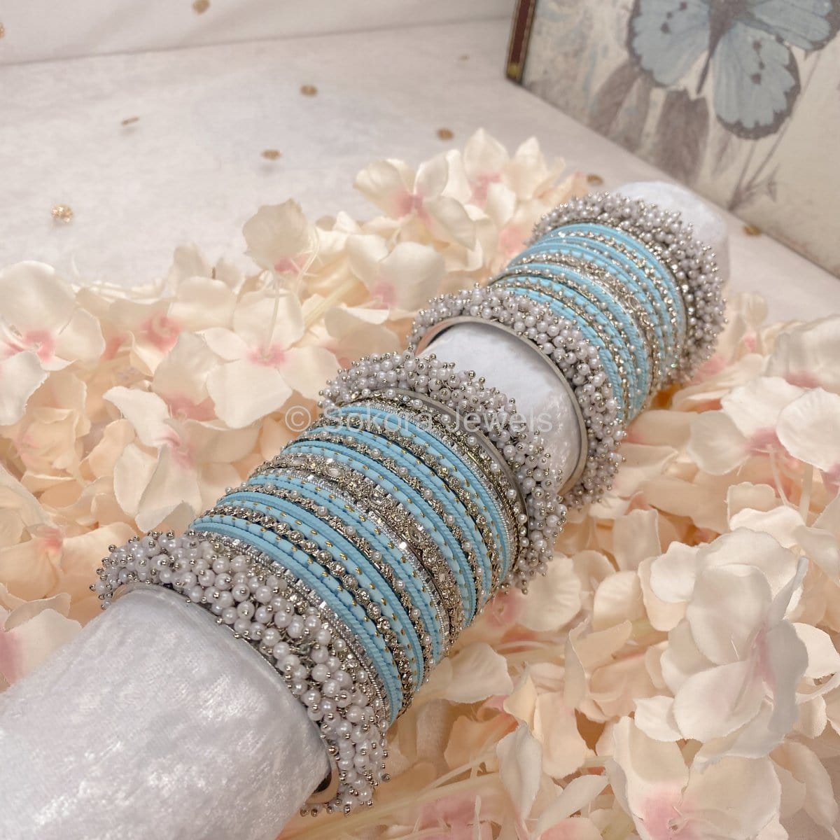 Thanjina Silver and Light Blue Bangle stack – SOKORA JEWELS
